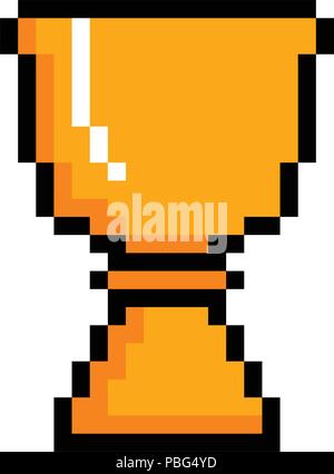 Pixel golden trophy. Cartoon retro 8 bit award with gold coins for game ...