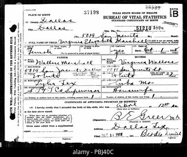 Virginia Elizabeth Marshall birth certificate Stock Photo - Alamy