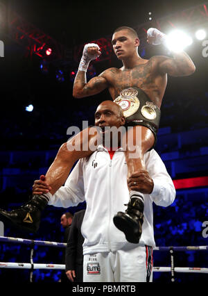 Conor Benn, on the shoulders of his father Nigel, celebrates victory ...