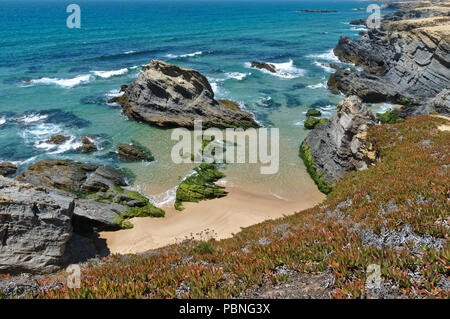 Porto Covo wild beach scenery from the cliffs in Alentejo, Portugal ...