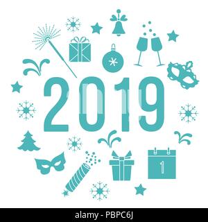 New Year symbols. Gifts, firecrackers, fireworks, bead, glasses with ...