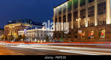 Buildings on Tverskaya street illuminated at dusk. Moscow, Russia Stock ...