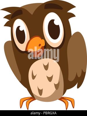 Owl cartoon smile on tree branch twig and falling snow in the winter ...