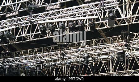 Theater stage rigging with theatrical equipment, lighting, supports ...