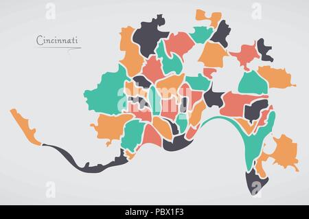 Cincinnati Ohio city map with neighborhoods grey illustration ...