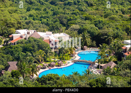 Aerial view of the Xcaret, Maya civilization archaeological site ...