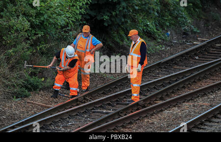 Network Rail staff tend to the line near Hunts Cross Station in ...
