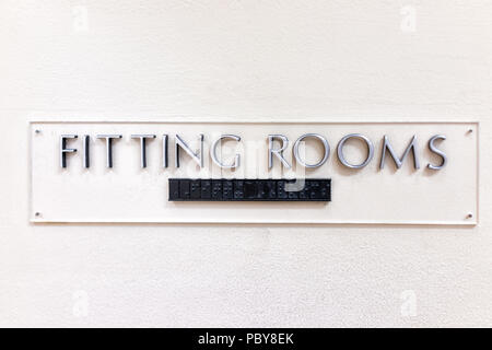 Closeup of Fitting Room sign in mall store shop retail clothing ...