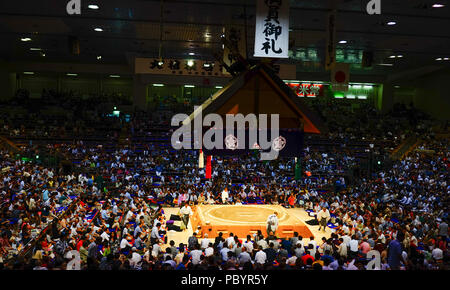 Tokyo, Japan - Jul 13, 2015. Sumo fighters and sumo wrestlers training ...