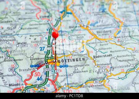 Gottingen map. Close up of Gottingen map with red pin. Map with red pin ...
