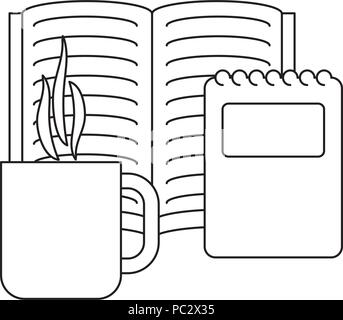 Notepad and coffee mug icon over white background, line design vector ...