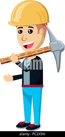 cartoon man with pickaxe icon over white background, vector ...