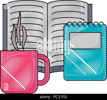 Notepad and coffee mug icon over white background, line design vector ...