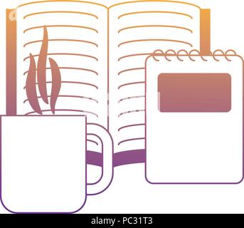 Notepad and coffee mug icon over white background, line design vector ...