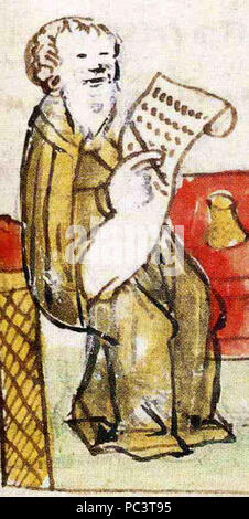 Medieval monk chronicler writing ancient manuscript under candlelight ...