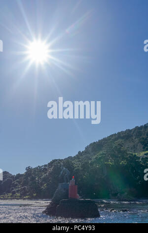 A statue of Tangaroa, the Maori god of the sea, in Tauranga Harbour, New Zealand. In the ...