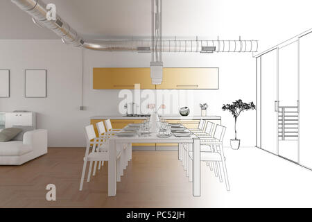 Interior Design Modern Loft Drawing Gradation Into Photograph Stock ...