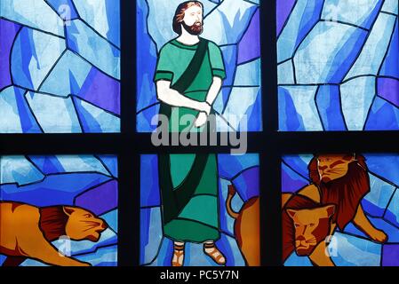 Daniel in the lions den stained glass detail, St. Mary`s Church ...