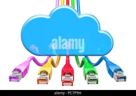 LAN cable connected to cloud service, simple flat line illustration of ...