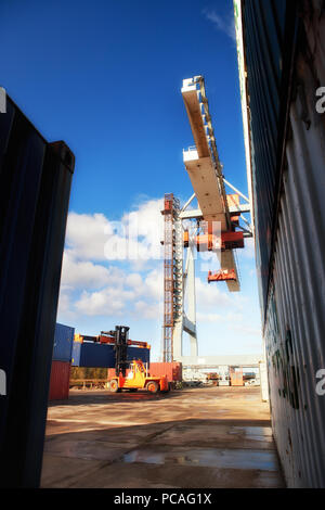A heavy lifting machine unloading and loading cargo and shipping ...