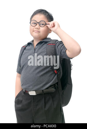 fat boy student wear glasses and holding blank backboard isolated on ...