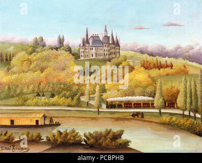 This painting, 'Banks of the Marne' by Henri Rousseau, captures the ...