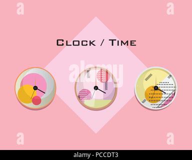 modern clock with memphis design over pink background, colorful design ...