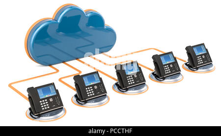 VoIP communication concept. Cloud with ip phones, 3D rendering isolated ...