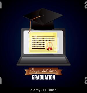 congratulations graduation computer screen hat certificate sign vector ...