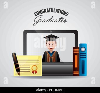 congratulations graduation computer screen hat certificate sign vector ...