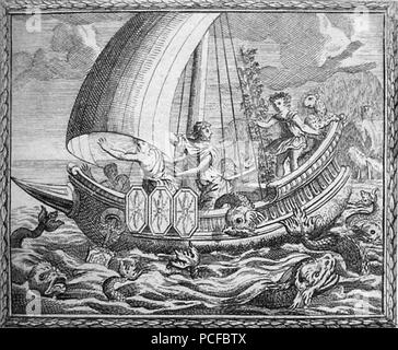 A depiction of Bacchus, the Roman god of wine, riding a wine barrel ...