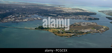 View of Hickam Air Force Base from a ship in Pearl Harbor; Oahu, Hawaii ...
