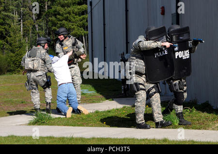 SWAT team members armed with service rifles, standing in stack ...