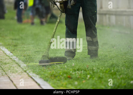 Law mower man trimming grass in the city Stock Photo - Alamy