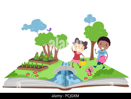 Illustration of Stickman Kids Reading an Open Book Sitting in the Vines ...