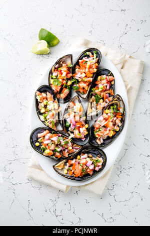PERUVIAN FOOD. Choros a la chalaca. Big mussels, choros zapatos ...