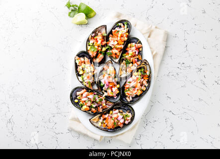 PERUVIAN FOOD. Choros a la chalaca. Big mussels, choros zapatos ...