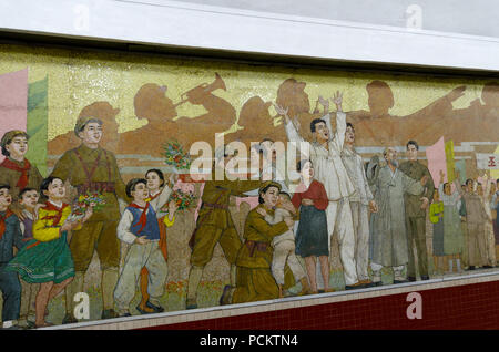 Murals painted on the walls of the Pyongyang Metro showing ...
