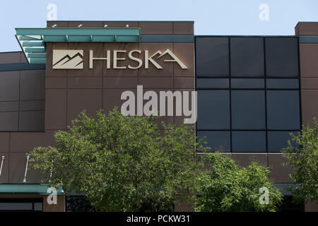 A logo sign outside of the headquarters of Heska in Loveland, Colorado ...