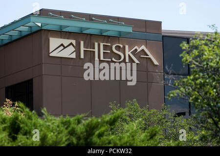 A logo sign outside of the headquarters of Heska in Loveland, Colorado ...