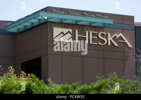 A logo sign outside of the headquarters of Heska in Loveland, Colorado ...