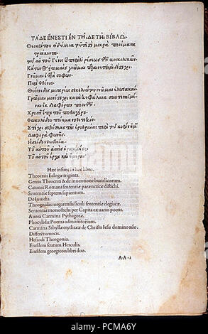 Aldus Manutius Theocritus 1495 editio princeps Theognis Stock Photo - Alamy