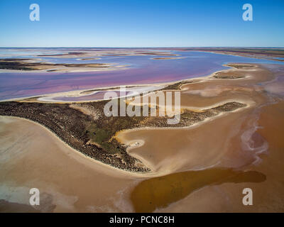 Aerial view of shallow pink salt lake Tyrrell in Victoria, Australia ...