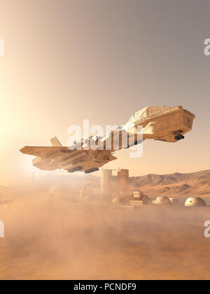 3D Illustration of a Mars outpost colony with a geodesic dome and entry ...