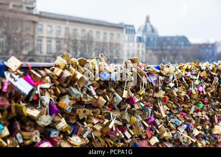 PARIS, FRANCE - MARCH, 2018: Love locks at Pont Neuf and the city of ...