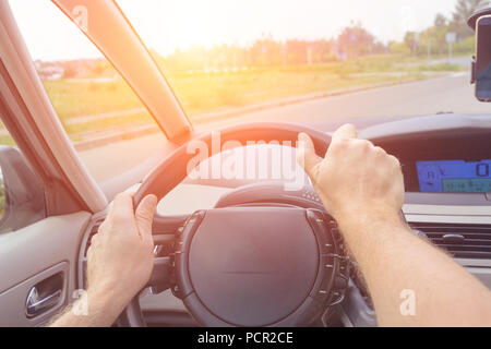 Man driving car, first person view through windscreen, windshield Stock ...