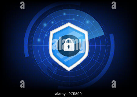 Shield with Padlock icon on Circuit board and Network wireframe with binary code over blue ...