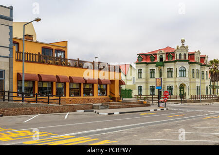 Old German colonial buildings and streets of Swakopmund, a town city in ...