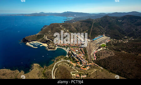 Aerial view, Portbou, border town, Mediterranean coast, Bay, Port ...