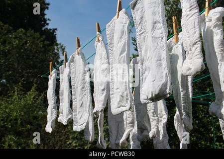 Environmentally friendly nappy inserts drying on a washing line Stock ...